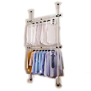 goldcart 3202 telescopic garment rack, heavy duty design movable diy by hand no damage to wall ceiling hanging rail, 0.7-1.3 meters wide adjustable, 120 kilogram loading, reach hook included, white