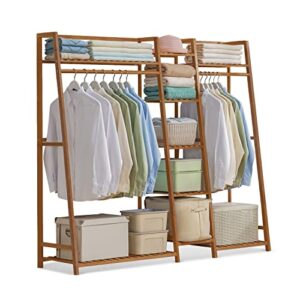 MoNiBloom Bamboo 5-Tier Garment Rack with 2 Hanging Rods Free Standing Heavy Duty Clothing Rack Wardrobe Closet Organizer for Bedroom Living Room, Brown