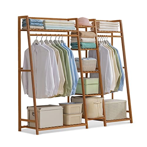 MoNiBloom Bamboo 5-Tier Garment Rack with 2 Hanging Rods Free Standing Heavy Duty Clothing Rack Wardrobe Closet Organizer for Bedroom Living Room, Brown