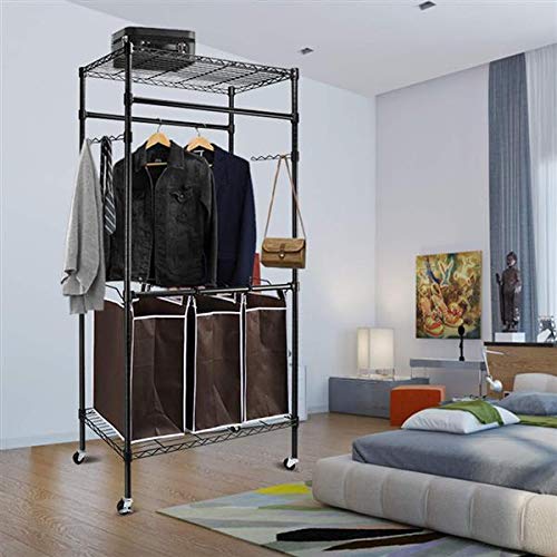 HopeHope Garment Rack for Hanging Clothes, Folding Garment Rack with Wheels, Adjustable Height. 3-Bag Laundry Sorter