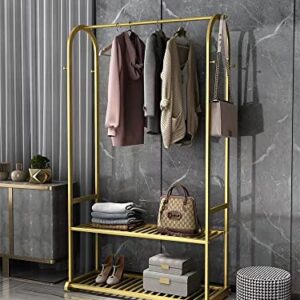 MAIKAILUN 2- layer Clothing Rack Gold,Modern Industrial Clothes Rack for hanging Clothes with Top Rod and Bottom Shelves, Multi-functional Heavy Duty Garment Rack Cloest Organizer and 6 Hooks (59")