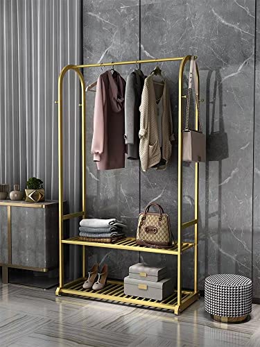 MAIKAILUN 2- layer Clothing Rack Gold,Modern Industrial Clothes Rack for hanging Clothes with Top Rod and Bottom Shelves, Multi-functional Heavy Duty Garment Rack Cloest Organizer and 6 Hooks (59")