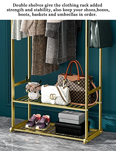 MAIKAILUN 2- layer Clothing Rack Gold,Modern Industrial Clothes Rack for hanging Clothes with Top Rod and Bottom Shelves, Multi-functional Heavy Duty Garment Rack Cloest Organizer and 6 Hooks (59")