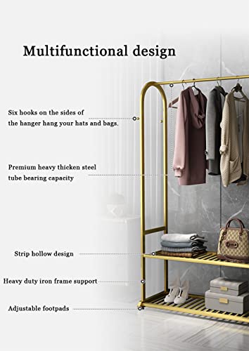 MAIKAILUN 2- layer Clothing Rack Gold,Modern Industrial Clothes Rack for hanging Clothes with Top Rod and Bottom Shelves, Multi-functional Heavy Duty Garment Rack Cloest Organizer and 6 Hooks (59")