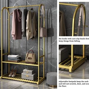 MAIKAILUN 2- layer Clothing Rack Gold,Modern Industrial Clothes Rack for hanging Clothes with Top Rod and Bottom Shelves, Multi-functional Heavy Duty Garment Rack Cloest Organizer and 6 Hooks (59")