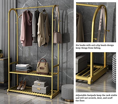 MAIKAILUN 2- layer Clothing Rack Gold,Modern Industrial Clothes Rack for hanging Clothes with Top Rod and Bottom Shelves, Multi-functional Heavy Duty Garment Rack Cloest Organizer and 6 Hooks (59")