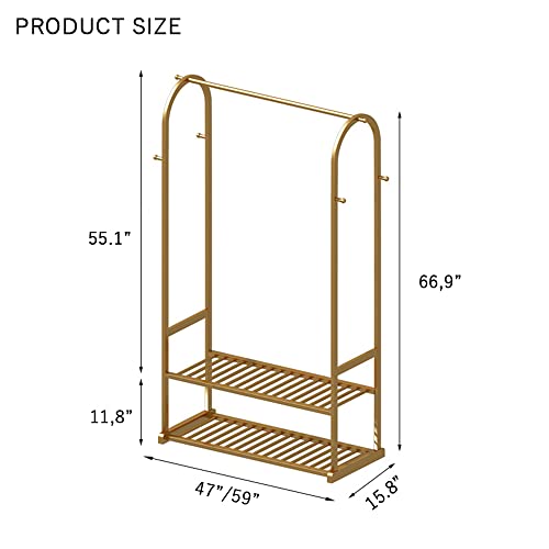 MAIKAILUN 2- layer Clothing Rack Gold,Modern Industrial Clothes Rack for hanging Clothes with Top Rod and Bottom Shelves, Multi-functional Heavy Duty Garment Rack Cloest Organizer and 6 Hooks (59")