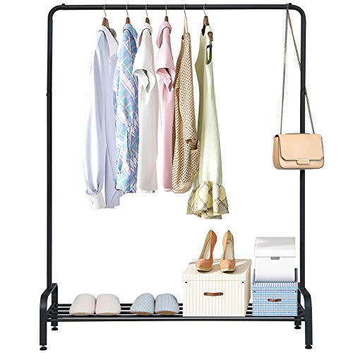 Tangkula Metal Garment Rack, Heavy Duty Clothes Stand Rack with Top Rod & Lower Storage Shelf for Boxes & Shoes, Industrial 2 in 1 Space-Saving Design Clothes Rack with Anti-Slip Stoppers (Black)