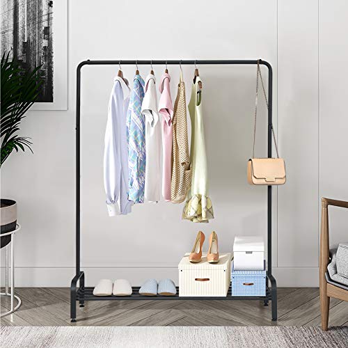 Tangkula Metal Garment Rack, Heavy Duty Clothes Stand Rack with Top Rod & Lower Storage Shelf for Boxes & Shoes, Industrial 2 in 1 Space-Saving Design Clothes Rack with Anti-Slip Stoppers (Black)