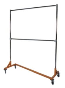 deluxe commercial grade rolling z rack garment rack with osha safety orange nesting base, 400lb capacity, double bar and adjustable height chrome uprights