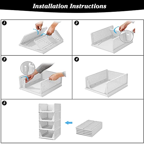 C&AHOME 4-Pack Stackable Wardrobe Storage Box, Plastic Drawer Organizer, Foldable Clothes Shelf Baskets, Folding Cube Bins, Perfect for Kitchen, Bedroom, 13.4" L x 17.7" W x 7.1" H White USWSB04W