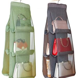 AARAINBOW 2 Pcs Hanging Handbag Organizer 6 Pockets Wardrobe Purse Hanger Closet Space Saving Purse Organizers Breathable Handbag Storage Organizer, Washable, 37 L x 13.8W (Gray+Green)