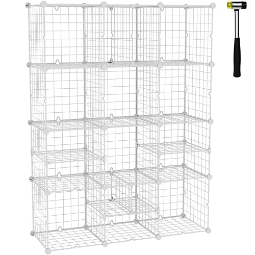 C&AHOME Wire Cube Storage, Wire Cube with Large and Small Dividers, Metal C Grids Organizer Shelving, Ideal for Closet Cabinet, Bedroom, Living Room, Home, Office, Dormitory White UWCSMP12W