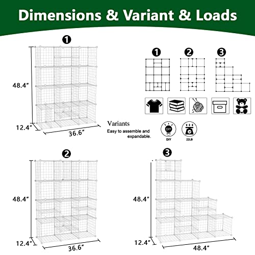 C&AHOME Wire Cube Storage, Wire Cube with Large and Small Dividers, Metal C Grids Organizer Shelving, Ideal for Closet Cabinet, Bedroom, Living Room, Home, Office, Dormitory White UWCSMP12W