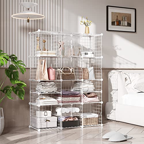 C&AHOME Wire Cube Storage, Wire Cube with Large and Small Dividers, Metal C Grids Organizer Shelving, Ideal for Closet Cabinet, Bedroom, Living Room, Home, Office, Dormitory White UWCSMP12W