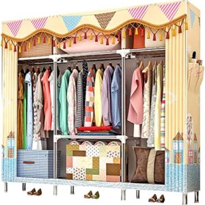 QUMENEY Portable Closet Large Wardrobe Clothes Standing Shelves Organizer, Non-Woven Fabric Closet Storage Organizer with 4 Storage Shelves, 3 Hanging Sections 2 Side Pockets (Sunny Town)