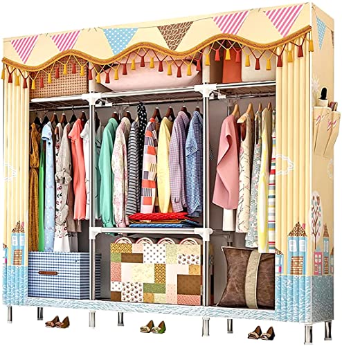 QUMENEY Portable Closet Large Wardrobe Clothes Standing Shelves Organizer, Non-Woven Fabric Closet Storage Organizer with 4 Storage Shelves, 3 Hanging Sections 2 Side Pockets (Sunny Town)