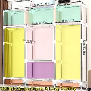 QUMENEY Portable Closet Large Wardrobe Clothes Standing Shelves Organizer, Non-Woven Fabric Closet Storage Organizer with 4 Storage Shelves, 3 Hanging Sections 2 Side Pockets (Sunny Town)