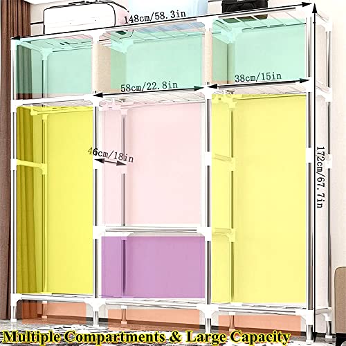 QUMENEY Portable Closet Large Wardrobe Clothes Standing Shelves Organizer, Non-Woven Fabric Closet Storage Organizer with 4 Storage Shelves, 3 Hanging Sections 2 Side Pockets (Sunny Town)