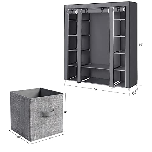 SONGMICS 59-Inch Portable Closet and 6 Storage Bins Bundle, Closet Storage Organizer with Fabric Boxes, Quick and Easy Assembly, Gray ULSF03G and UROB26LG