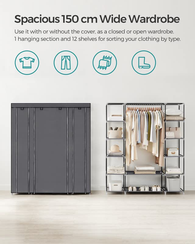 SONGMICS 59-Inch Portable Closet and 6 Storage Bins Bundle, Closet Storage Organizer with Fabric Boxes, Quick and Easy Assembly, Gray ULSF03G and UROB26LG