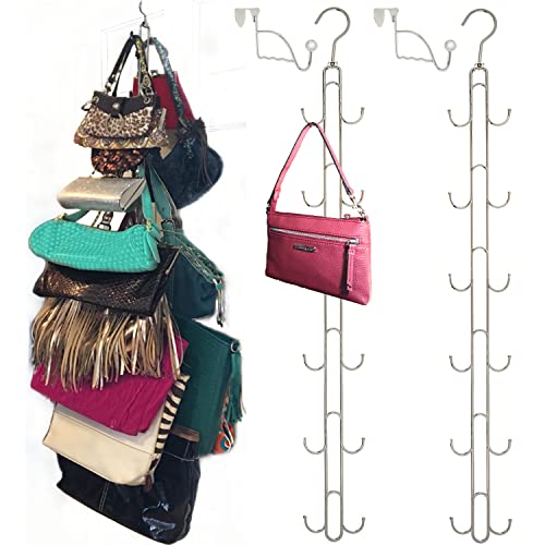 2-Pk Over Door Hanging Purse Storage - DURABLE, Holds 50 POUNDS, ROTATES 360 for easy access; Purses, Handbags, Satchels, Crossovers, Backpacks,12 Hooks, Chrome (Set of 2)