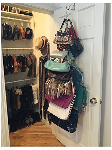 2-Pk Over Door Hanging Purse Storage - DURABLE, Holds 50 POUNDS, ROTATES 360 for easy access; Purses, Handbags, Satchels, Crossovers, Backpacks,12 Hooks, Chrome (Set of 2)