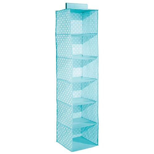 mDesign Soft Fabric Over Closet Rod Hanging Storage Organizer with 6 Shelves for Child/Kids Room or Nursery - Polka Dot Pattern - 2 Pack - Turquoise Blue with White Dots