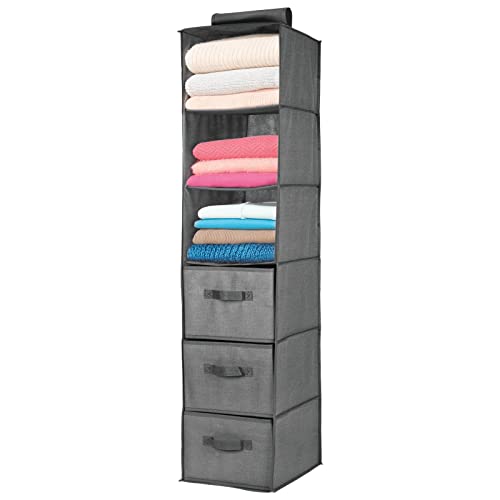 mDesign Long Soft Fabric Over Closet Rod Hanging Storage Organizer with 3 Shelves and 3 Drawers for Clothes, Leggings, Lingerie, T Shirts - Textured Print - Charcoal Gray