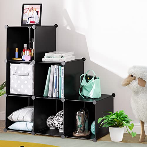 6 Cube Storage Organizer, DIY Plastic Modular Closet Organizer Storage Shelf, 12 x12 in Cube Organizer in Living Room Office for Books, Cloths, Toys, Shoes, Arts, Black