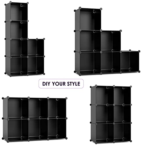 6 Cube Storage Organizer, DIY Plastic Modular Closet Organizer Storage Shelf, 12 x12 in Cube Organizer in Living Room Office for Books, Cloths, Toys, Shoes, Arts, Black