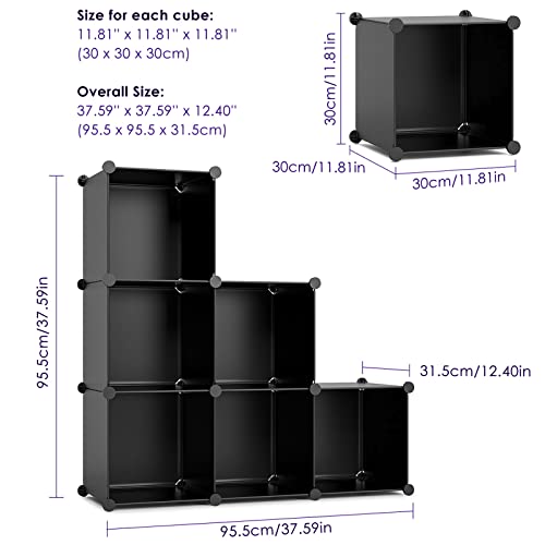 6 Cube Storage Organizer, DIY Plastic Modular Closet Organizer Storage Shelf, 12 x12 in Cube Organizer in Living Room Office for Books, Cloths, Toys, Shoes, Arts, Black