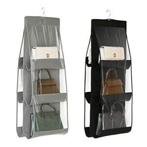 xj-home 2 piece set 6 pockets hanging purse handbag organizer transparent hanging holder bag collection storage purse bag closet space saving organizer (1*black & 1*grey)