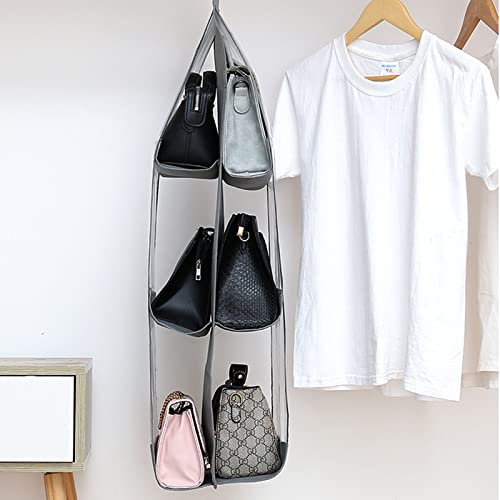 XJ-HOME 2 Piece Set 6 Pockets Hanging Purse Handbag Organizer Transparent Hanging Holder Bag Collection Storage Purse Bag Closet Space Saving Organizer (1*Black & 1*Grey)