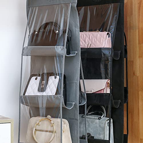 XJ-HOME 2 Piece Set 6 Pockets Hanging Purse Handbag Organizer Transparent Hanging Holder Bag Collection Storage Purse Bag Closet Space Saving Organizer (1*Black & 1*Grey)