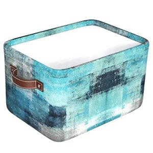 Qumstemily Turquoise Teal Storage Bins for Shelves, Grey Abstract Art Painting Collapsible Storage Box Basket with Handle, Modern Geometric Teal Canvas Hamper Closet Organizers Storage Cubes - 1 Pack