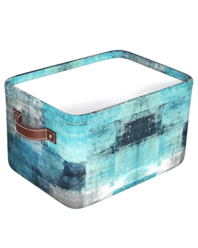 Qumstemily Turquoise Teal Storage Bins for Shelves, Grey Abstract Art Painting Collapsible Storage Box Basket with Handle, Modern Geometric Teal Canvas Hamper Closet Organizers Storage Cubes - 1 Pack