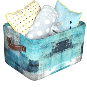 Qumstemily Turquoise Teal Storage Bins for Shelves, Grey Abstract Art Painting Collapsible Storage Box Basket with Handle, Modern Geometric Teal Canvas Hamper Closet Organizers Storage Cubes - 1 Pack