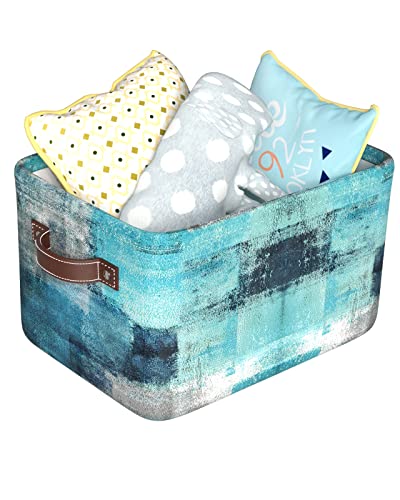 Qumstemily Turquoise Teal Storage Bins for Shelves, Grey Abstract Art Painting Collapsible Storage Box Basket with Handle, Modern Geometric Teal Canvas Hamper Closet Organizers Storage Cubes - 1 Pack