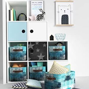 Qumstemily Turquoise Teal Storage Bins for Shelves, Grey Abstract Art Painting Collapsible Storage Box Basket with Handle, Modern Geometric Teal Canvas Hamper Closet Organizers Storage Cubes - 1 Pack