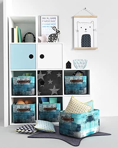 Qumstemily Turquoise Teal Storage Bins for Shelves, Grey Abstract Art Painting Collapsible Storage Box Basket with Handle, Modern Geometric Teal Canvas Hamper Closet Organizers Storage Cubes - 1 Pack