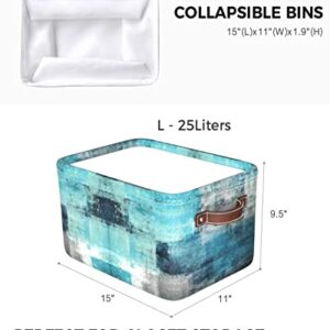 Qumstemily Turquoise Teal Storage Bins for Shelves, Grey Abstract Art Painting Collapsible Storage Box Basket with Handle, Modern Geometric Teal Canvas Hamper Closet Organizers Storage Cubes - 1 Pack