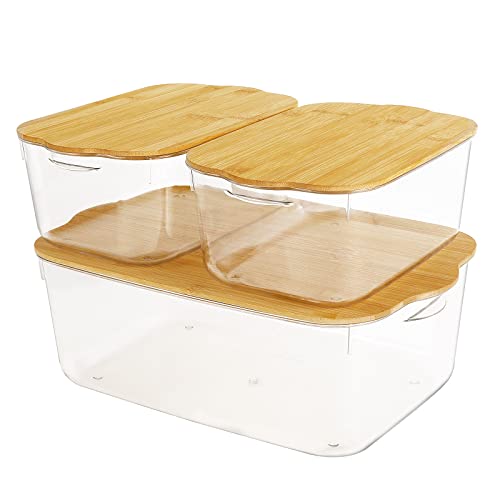 ANMINY 3PCS Clear Plastic Storage Bins Lidded Stackable Basket Box Set with Bamboo Removable Lid Handle Home Kitchen Closet Shelf Decorative Kid Toy Clothes Towel Laundry Organizer - 1 Medium 2 Small