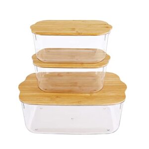 ANMINY 3PCS Clear Plastic Storage Bins Lidded Stackable Basket Box Set with Bamboo Removable Lid Handle Home Kitchen Closet Shelf Decorative Kid Toy Clothes Towel Laundry Organizer - 1 Medium 2 Small