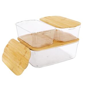 ANMINY 3PCS Clear Plastic Storage Bins Lidded Stackable Basket Box Set with Bamboo Removable Lid Handle Home Kitchen Closet Shelf Decorative Kid Toy Clothes Towel Laundry Organizer - 1 Medium 2 Small