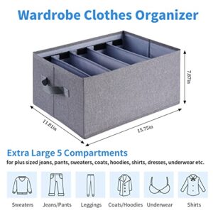 Large Wardrobe Clothes Organizer, Closet Organizers and Storage Bins with Adjustable Dividers, Drawer Organizers for Clothing Jeans Pants Sweaters Shirts Underwear, 5 Compartments, Gray (2)