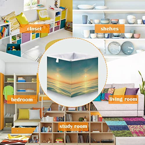 susiyo Beautiful Teal and Orange Sunset Storage Bin 11x11x11inch Decorative Collapsible Fabric Storage Cubes Organizer