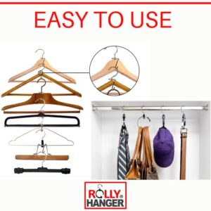 Closet Organization Bundle featuring 2 Multipurpose Rolly Hangers and 12 Hook hanger Connectors. This unbeatable combination is designed to solve your closet space limitations by creating space-saving