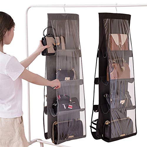 LJHNICEGOING Handbag Hanging Organizer, 8 Pocket Hanging Purse Organizer Handbag Storage Hanger Oxford Cloth Closet Organizer for Family Closet Bedroom, Foldable and Universal Fit (Black)