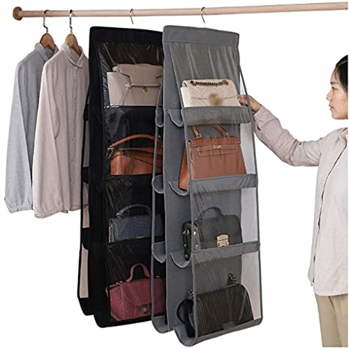 LJHNICEGOING Handbag Hanging Organizer, 8 Pocket Hanging Purse Organizer Handbag Storage Hanger Oxford Cloth Closet Organizer for Family Closet Bedroom, Foldable and Universal Fit (Black)